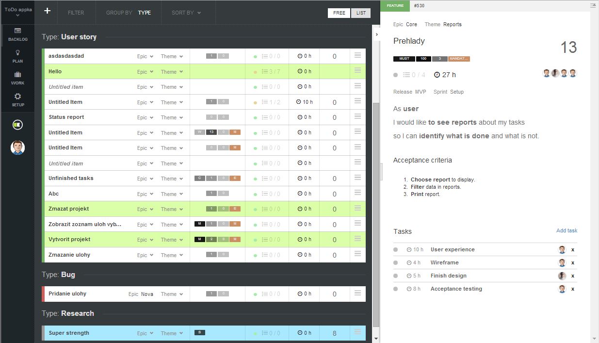 Main screen (list) | ScrumDesk, Meaningful Agile